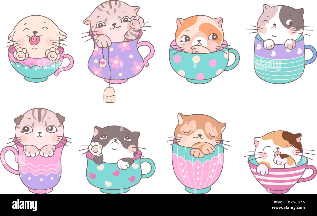 Cute cats in cup. Kitten coffee cups, cartoon isolated kitty in tea mug ...