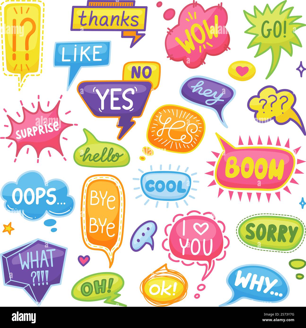 Flat cartoon text bubbles. Talk doodle stickers, bright conversation ...