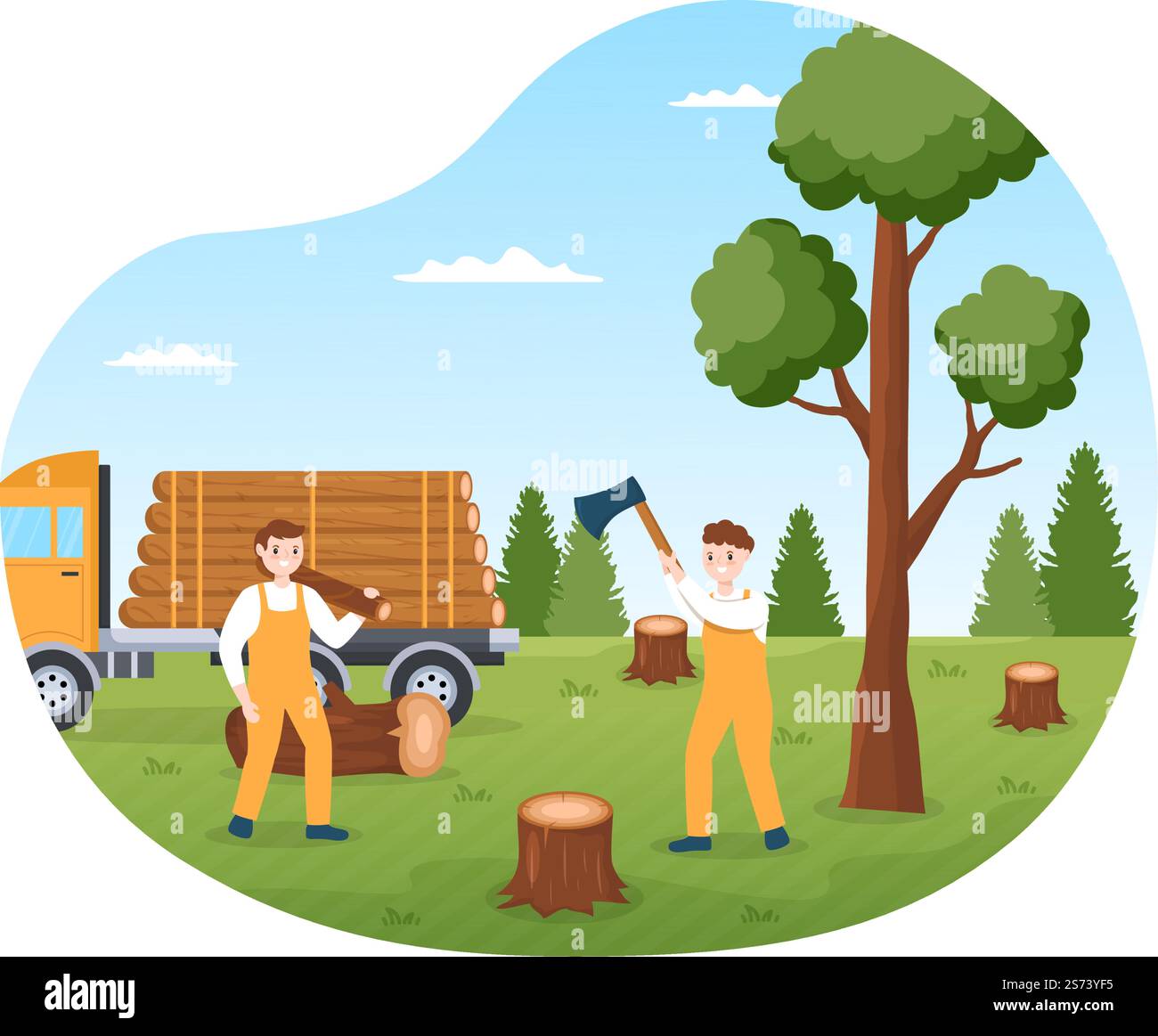 People Tree Cutting and Timber with Truck, Chainsaw Wooden and Tools ...