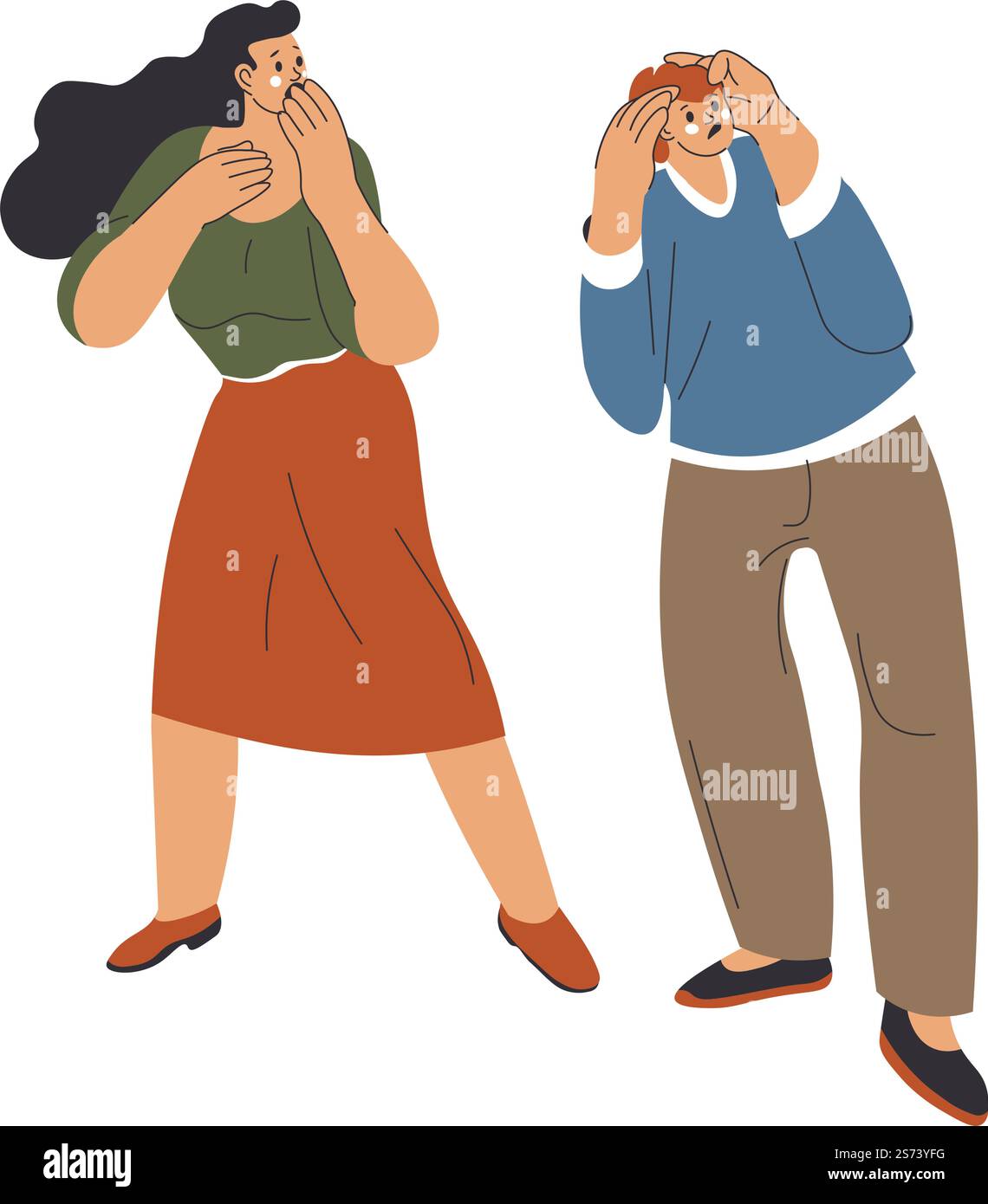 Afraid male and female characters, isolated man and woman hiding head ...