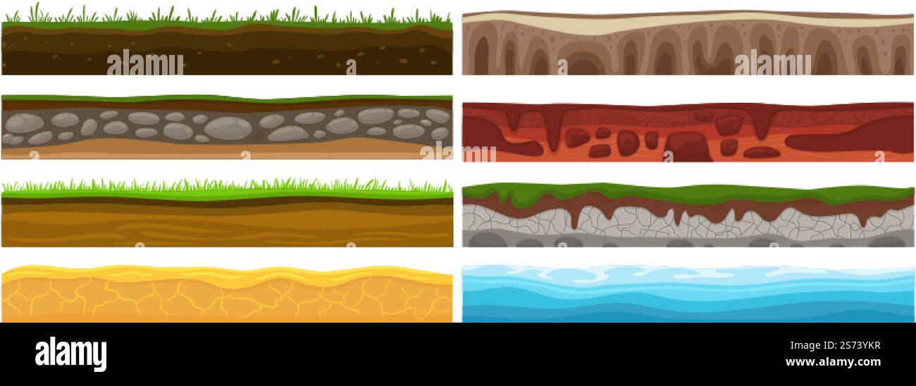 Seamless grounds. Art soil with stone, game cartoon landscape elements ...