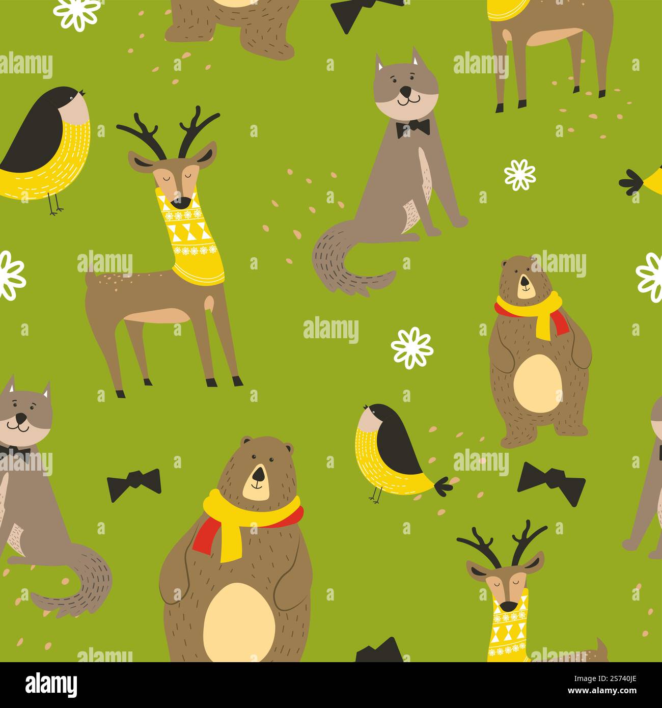 Cute animal personages, wolf wearing bowtie sitting still. Deer with ...