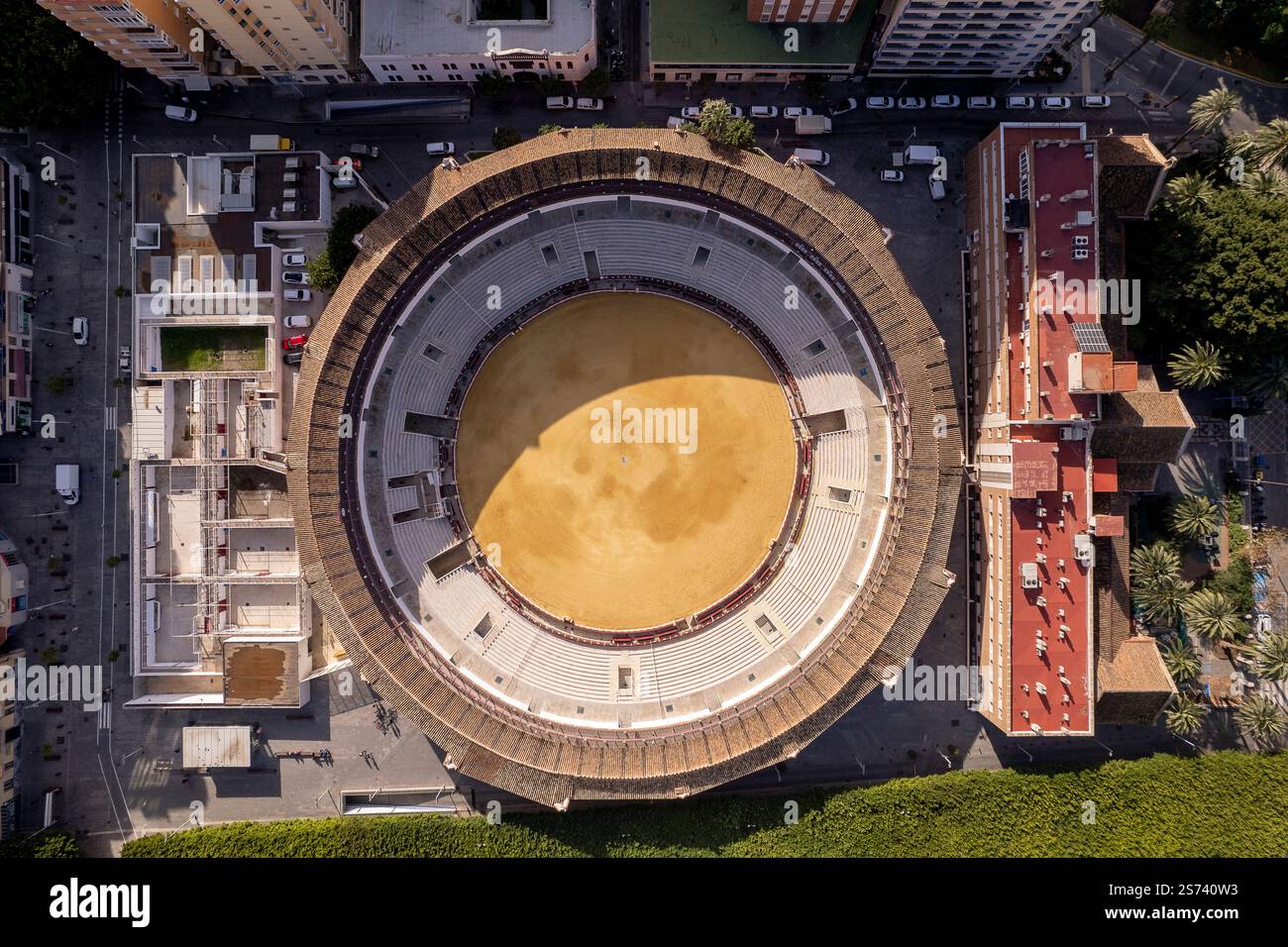Top down view of Spanish Bullring Malagueta Plaza de Toros arena ...