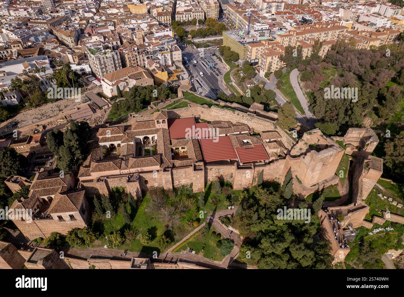 Aerial view islamic historic castle La Alcazaba with lush green gardens ...