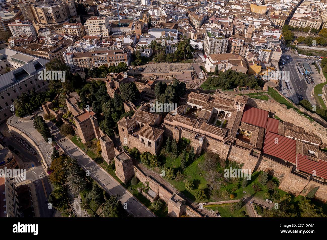 Aerial view islamic historic castle La Alcazaba with lush green gardens ...
