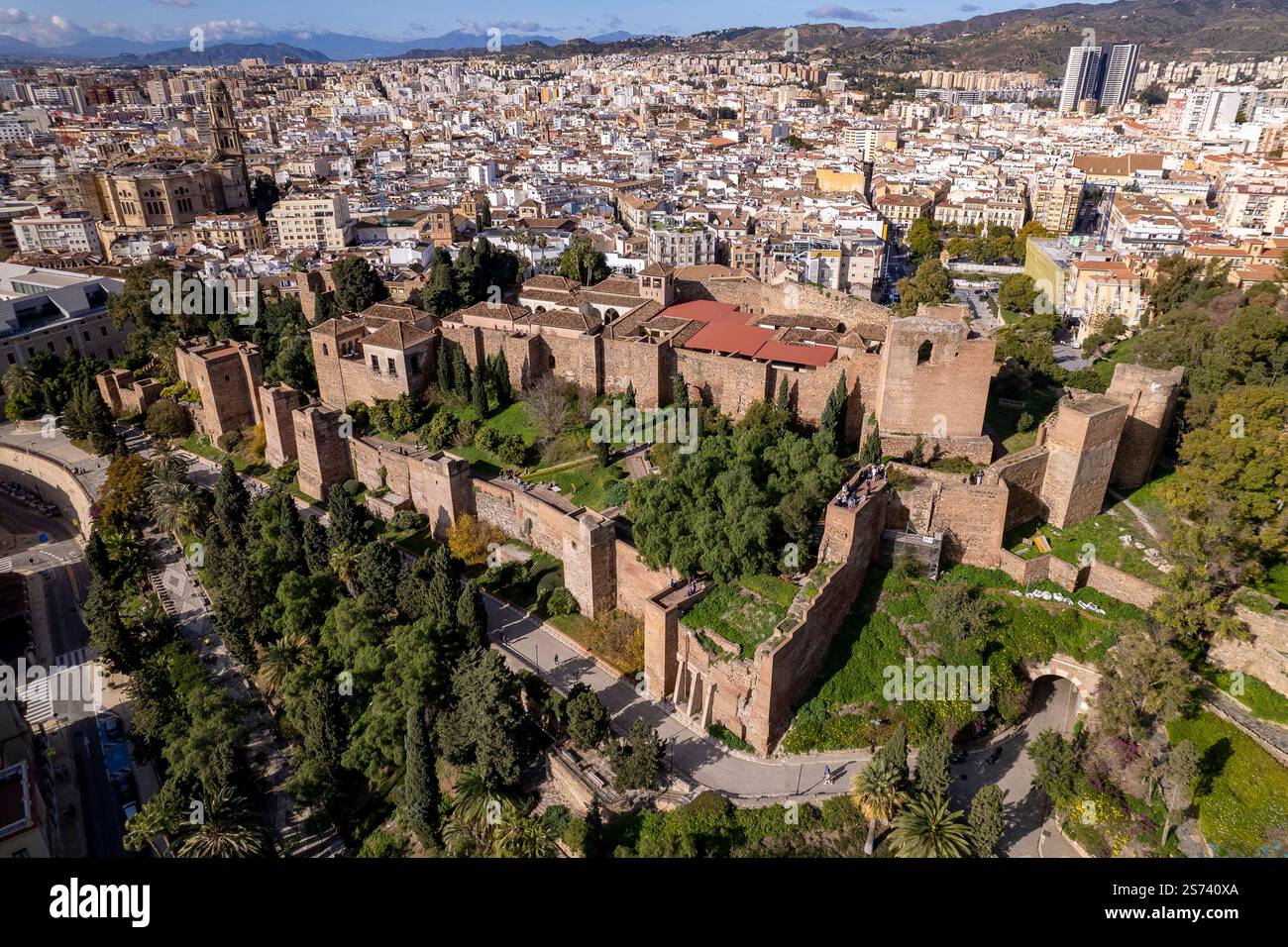Aerial view islamic historic castle La Alcazaba with lush green gardens ...