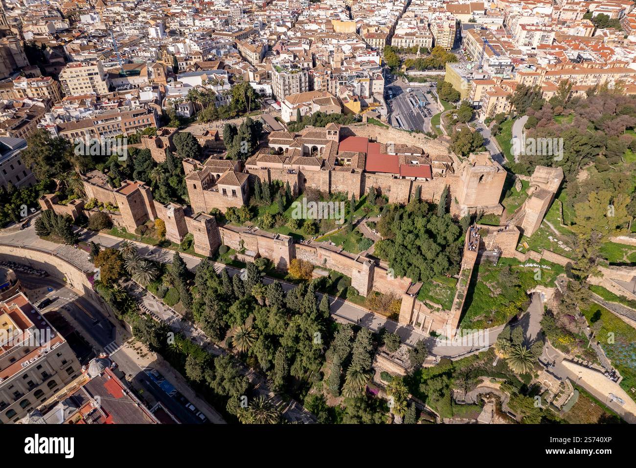 Aerial view islamic historic castle La Alcazaba with lush green gardens ...