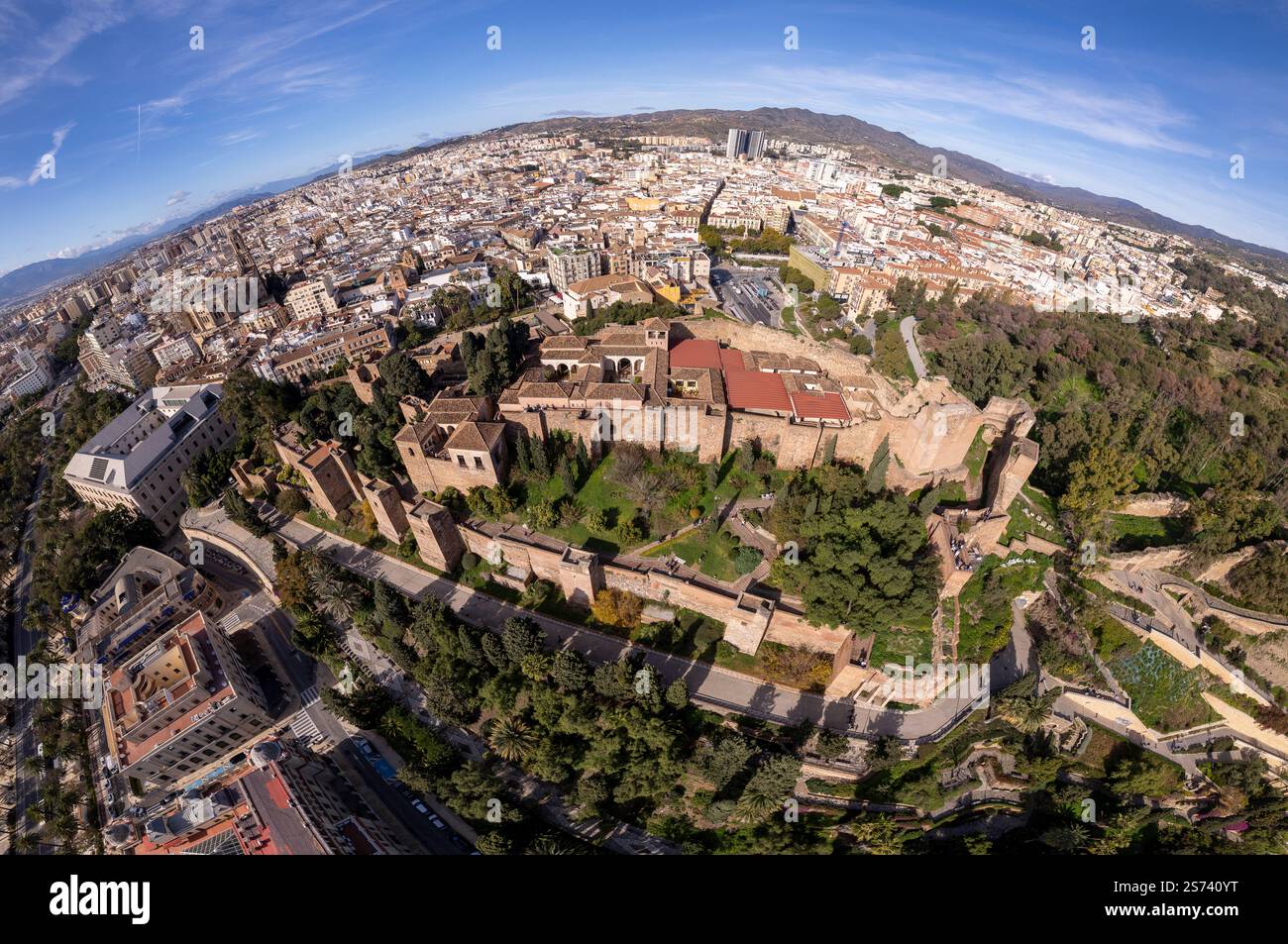 Wide angle view of La Alcazaba moorish castle with islamic architecture ...