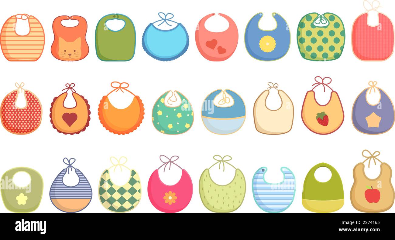 Bib icons set cartoon vector. Boy baby. Food family. Bib icons set ...