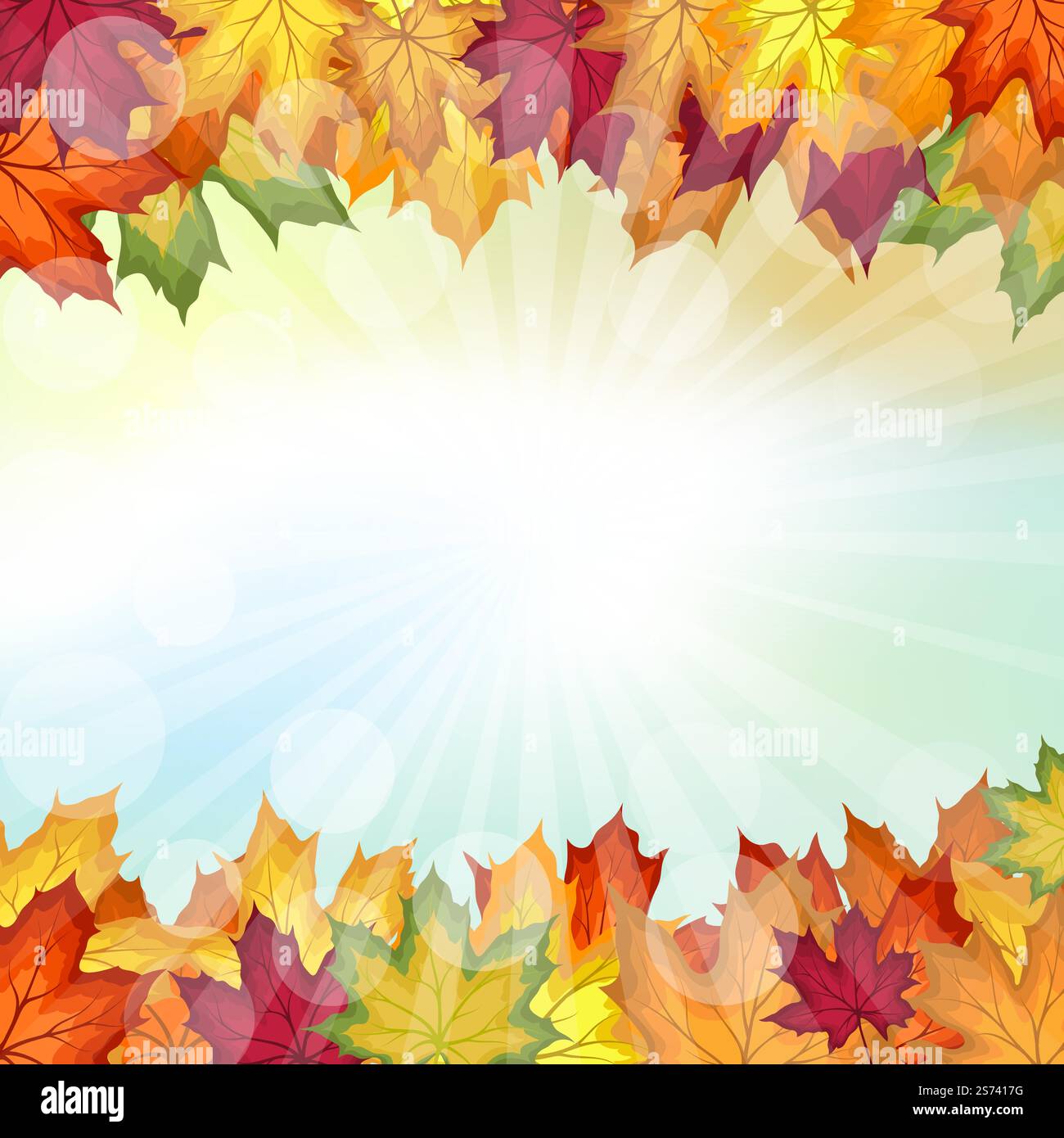 Autumn frame with blowing maple leaves over fall vanilla sky background ...