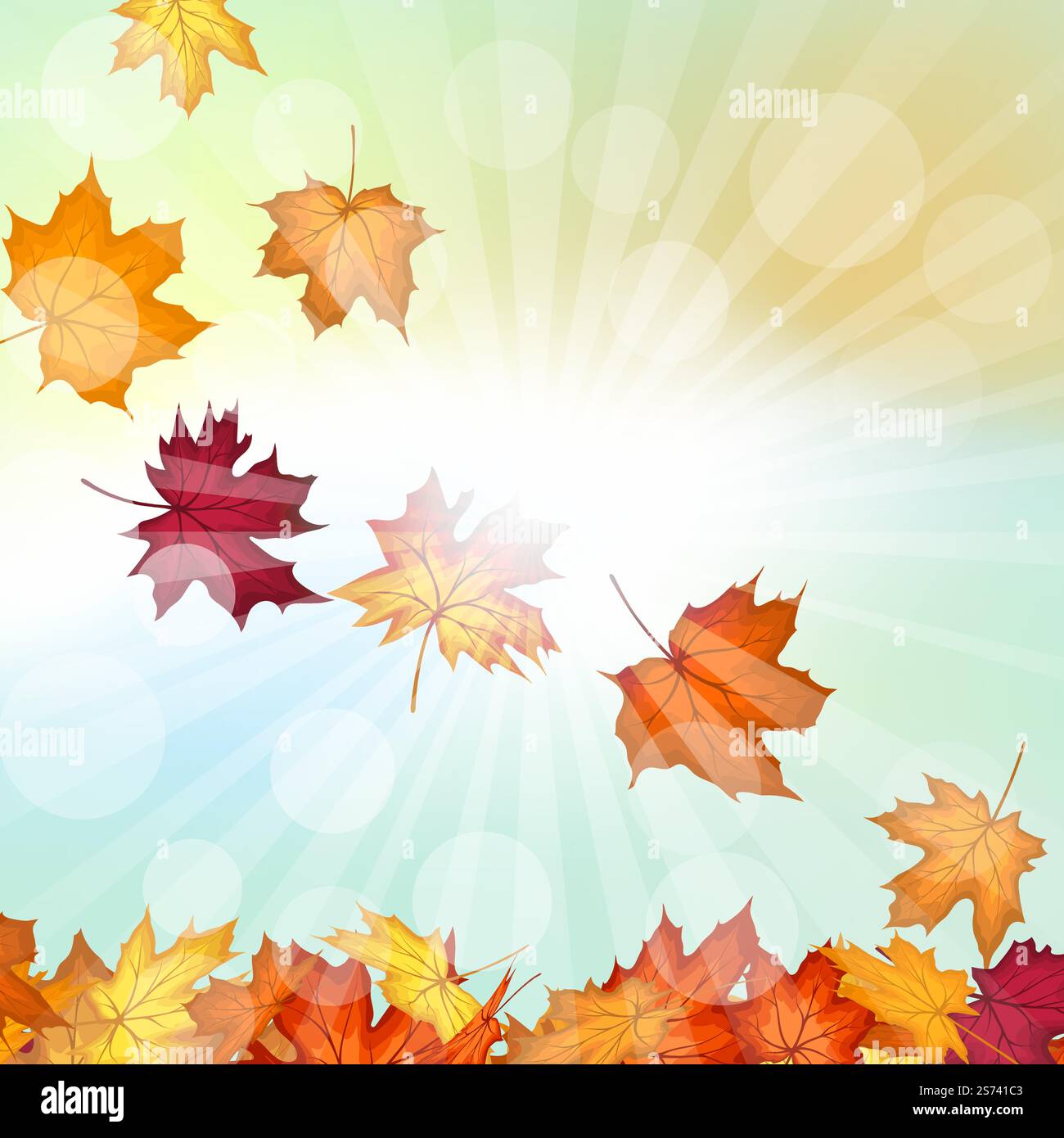 Autumn frame with blowing maple leaves over fall vanilla sky background ...