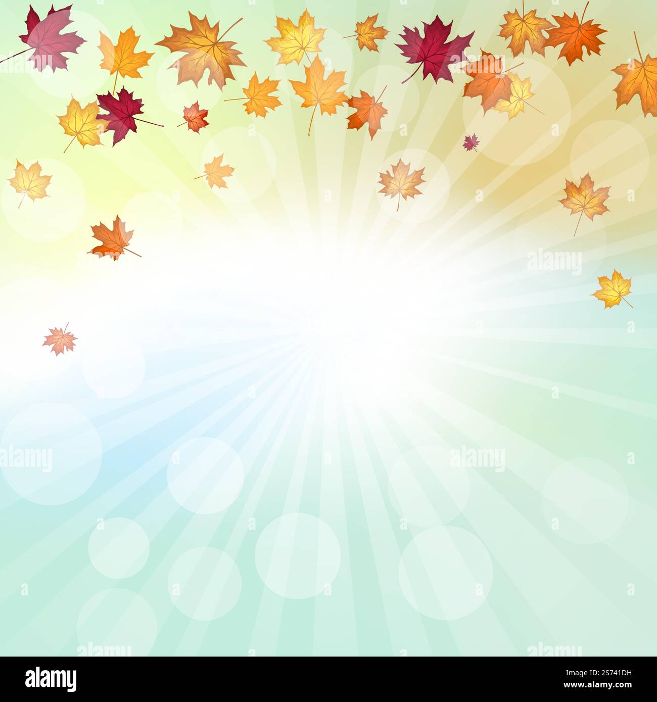 Autumn frame with blowing maple leaves over fall vanilla sky background ...