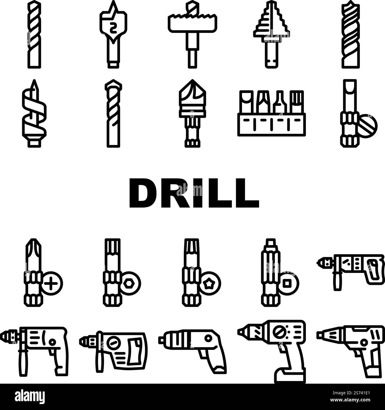 drill equipment construction icons set vector. machine power, industry work, industrial tool ...