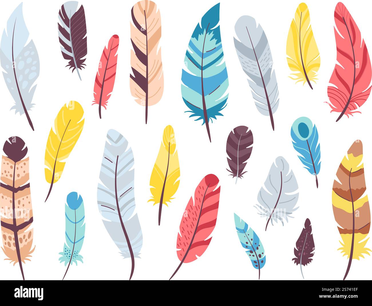 Tribal feathers set. Flat doodle feather, bird plumage collection ...