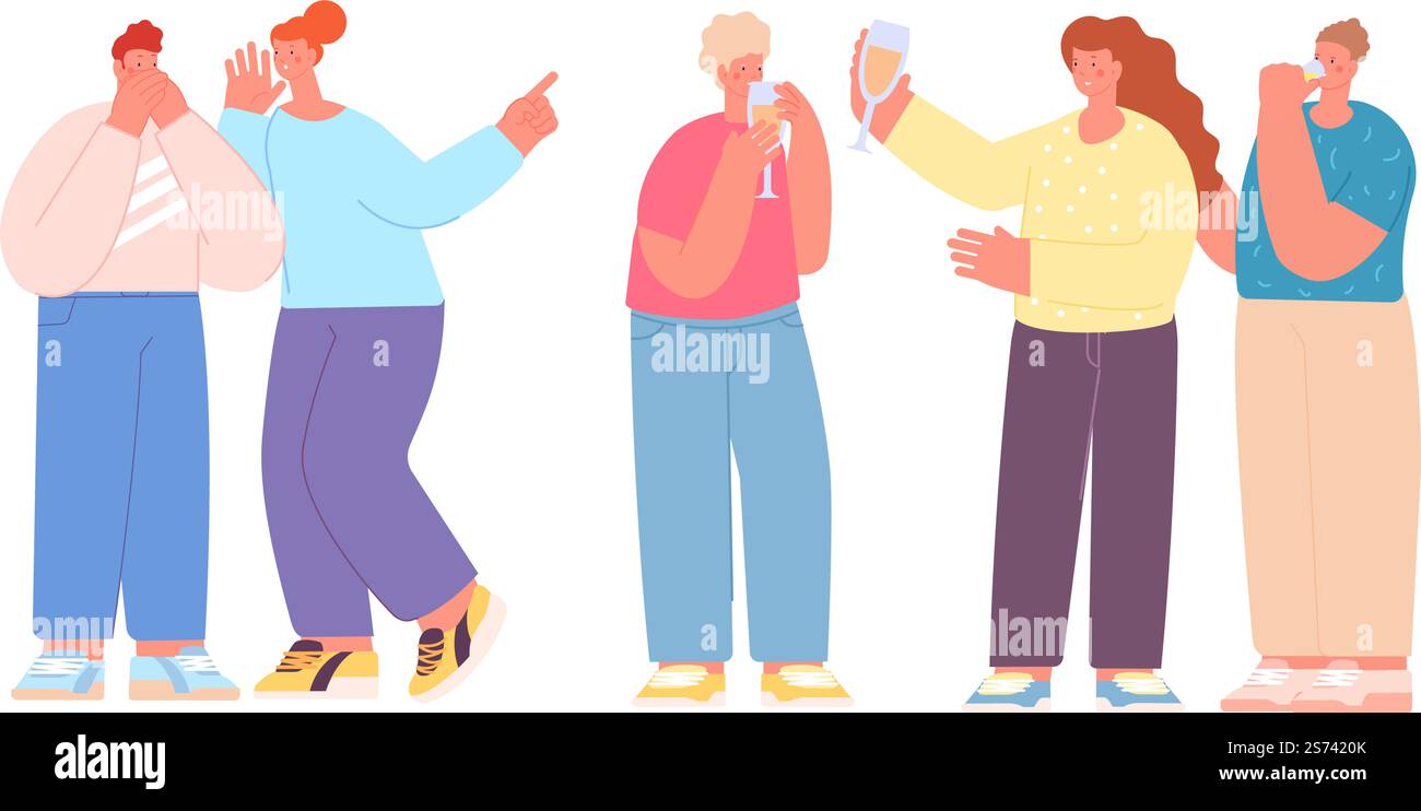 Couple gossip drinking friends. Alcohol addiction, party or meeting ...