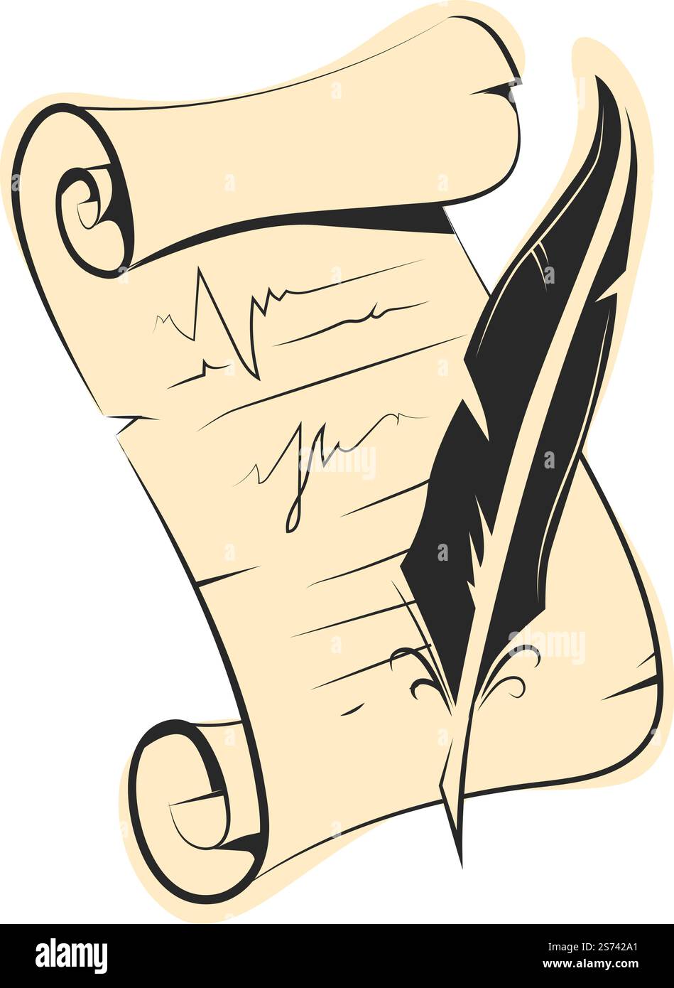 Paper scroll with quill. Vintage writing symbol isolated on white ...