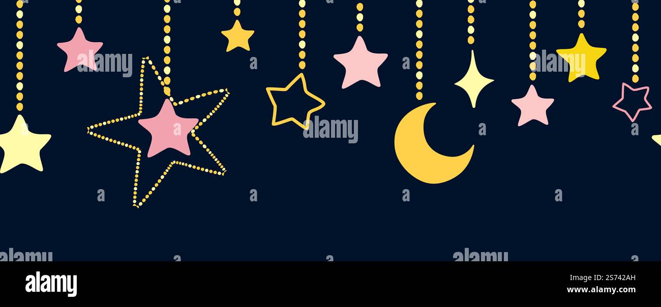 Moon and stars seamless border. Cute nursery mobile, yellow crescent ...