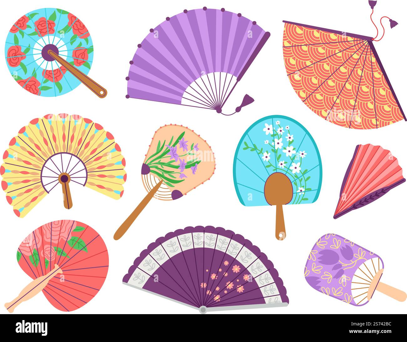 Handheld fan set. Japan yellow fans, asian souvenir collection ...