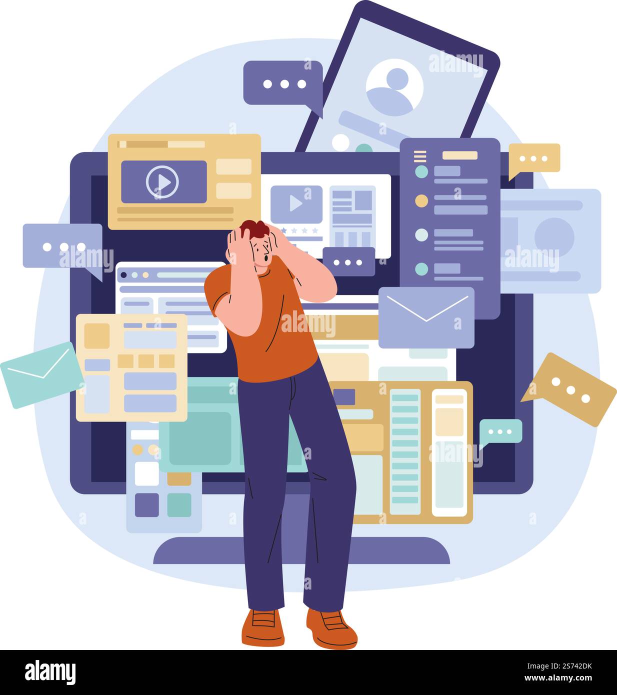 Media info noise. Fake news, virtual social communication. Sad man and ...