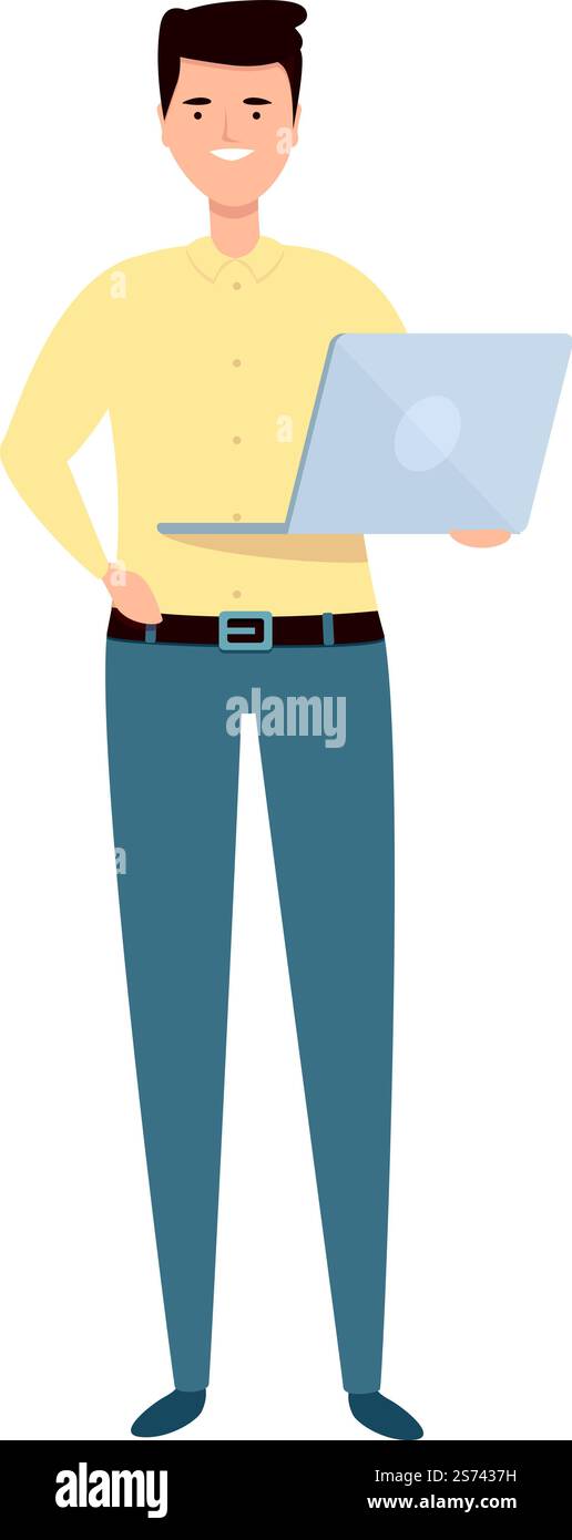 Laptop bank manager icon cartoon vector. Sme person. Debt report ...