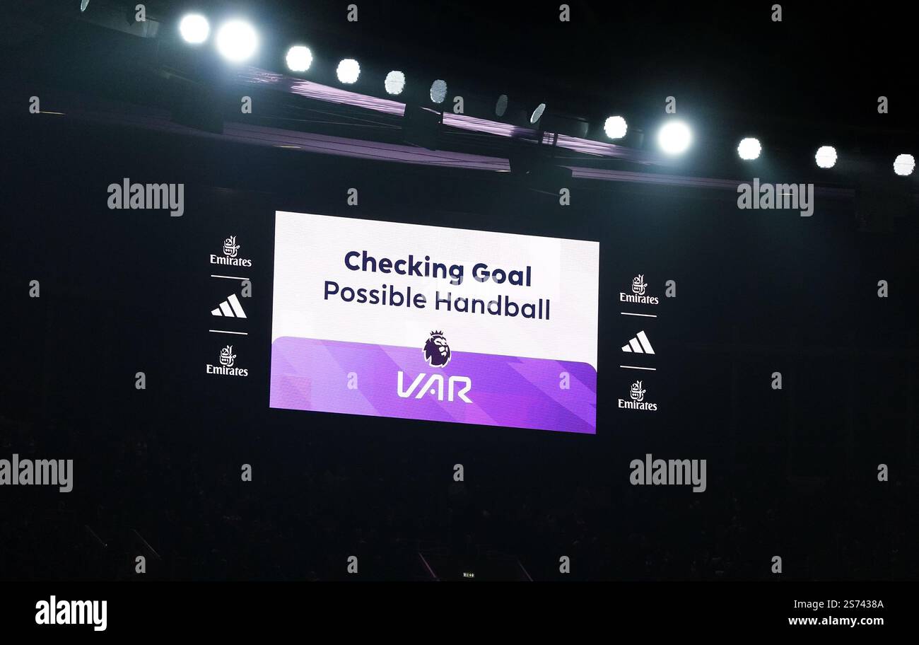 A VAR check on a handball against Arsenal's Kai Havertz is displayed on ...