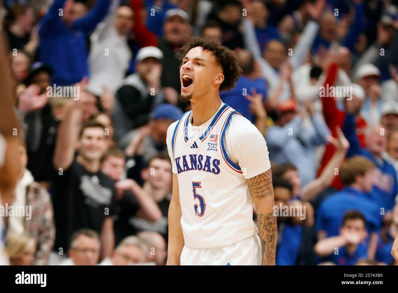 Kansas guard Zeke Mayo (5) reacts after hitting a 3-point basket during ...