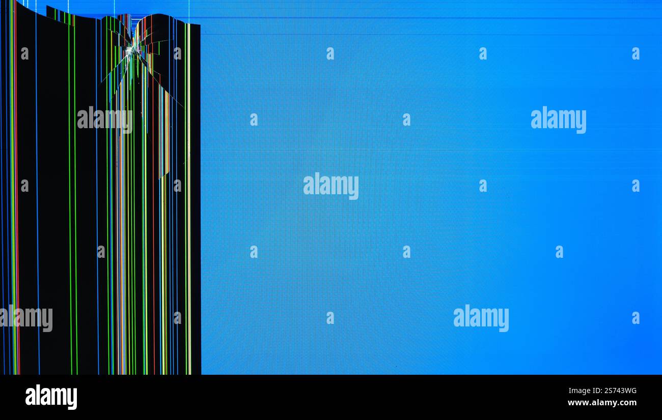 A broken screen with colorful vertical lines and digital artifacts on a ...