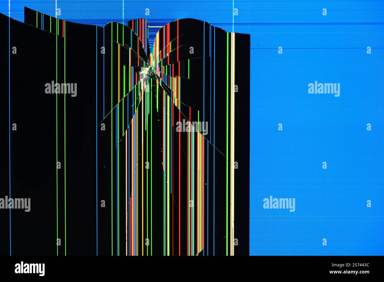 A broken screen with colorful vertical lines and digital artifacts on a ...