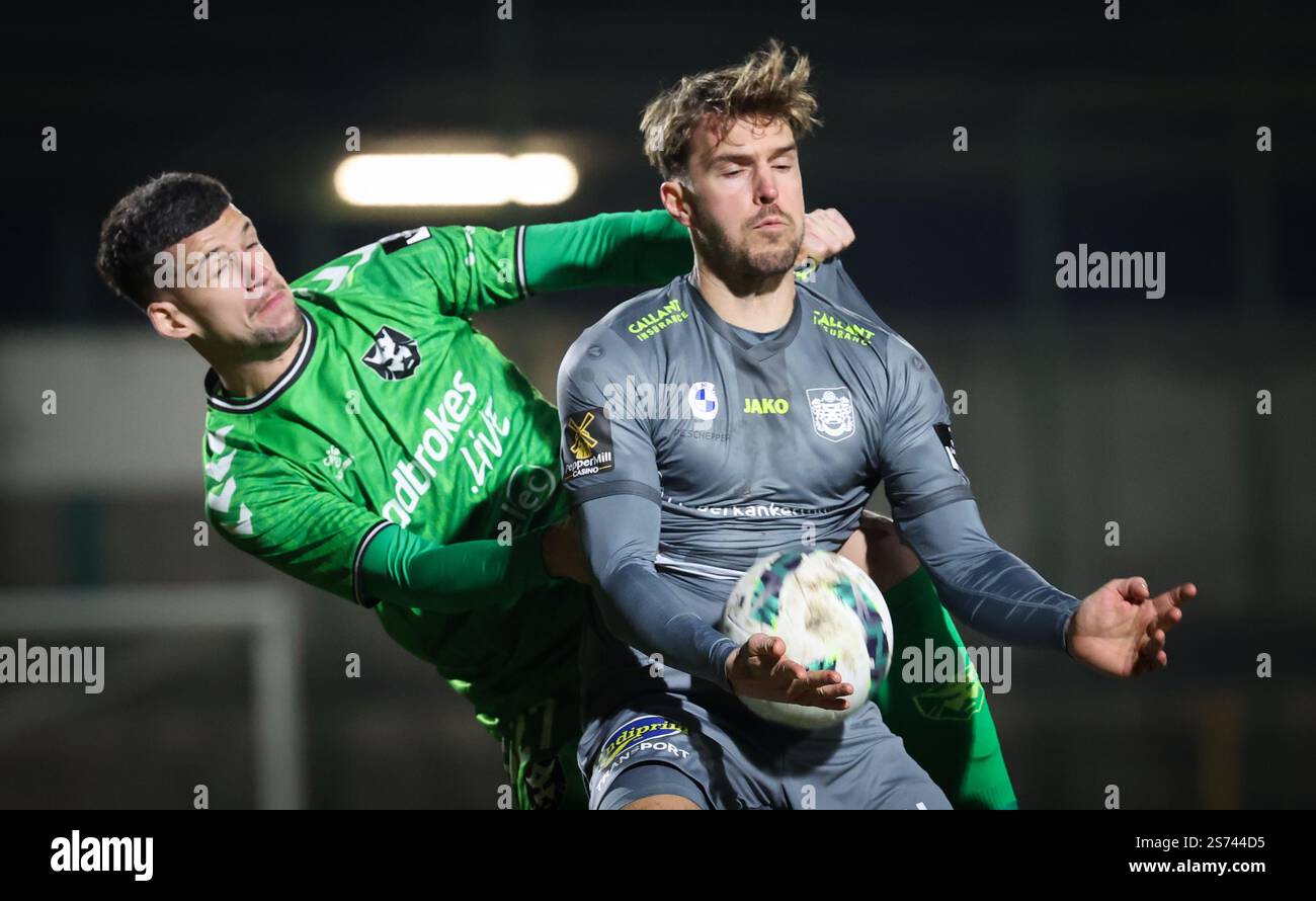 Boussu, Belgium. 18th Jan, 2025. Francs Borains' Jordy Gillekens and ...