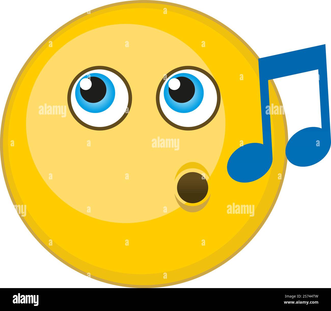 Singing yellow face. Cartoon round emoji with music note isolated on ...