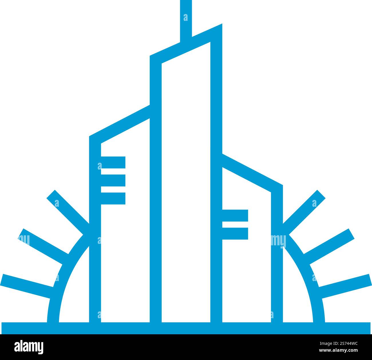 Stylized sunrise in city. Sun rising behind skyscrapers isolated on ...