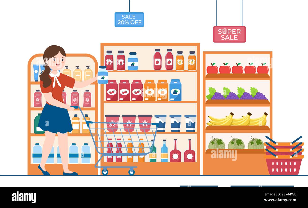 Grocery Store or Supermarket with Food Product Shelves, Racks Dairy ...