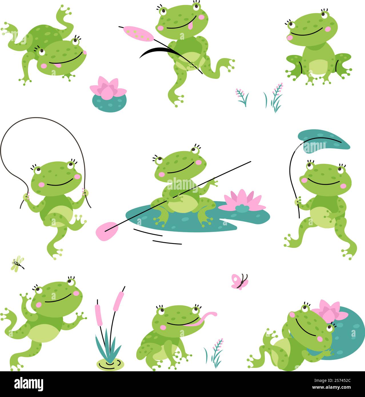Cartoon frogs. Green cute frogs, lake or pond nature and animal ...