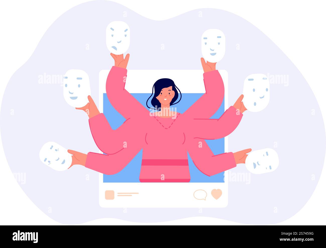 Fake emotions social media. Woman hold different emotional masks ...