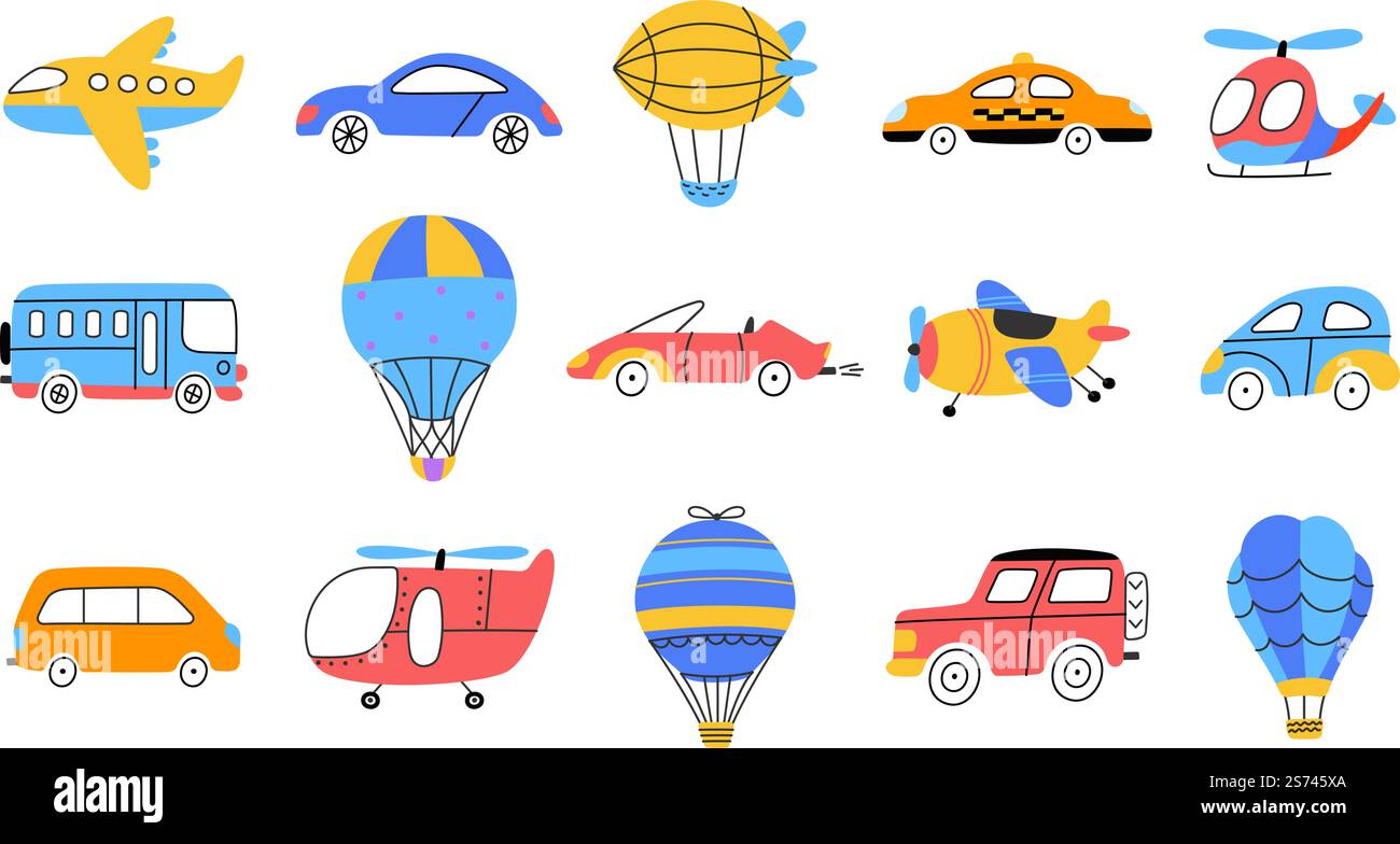 Isolated children transport. Cartoon kids airplane, cars and hot air ...