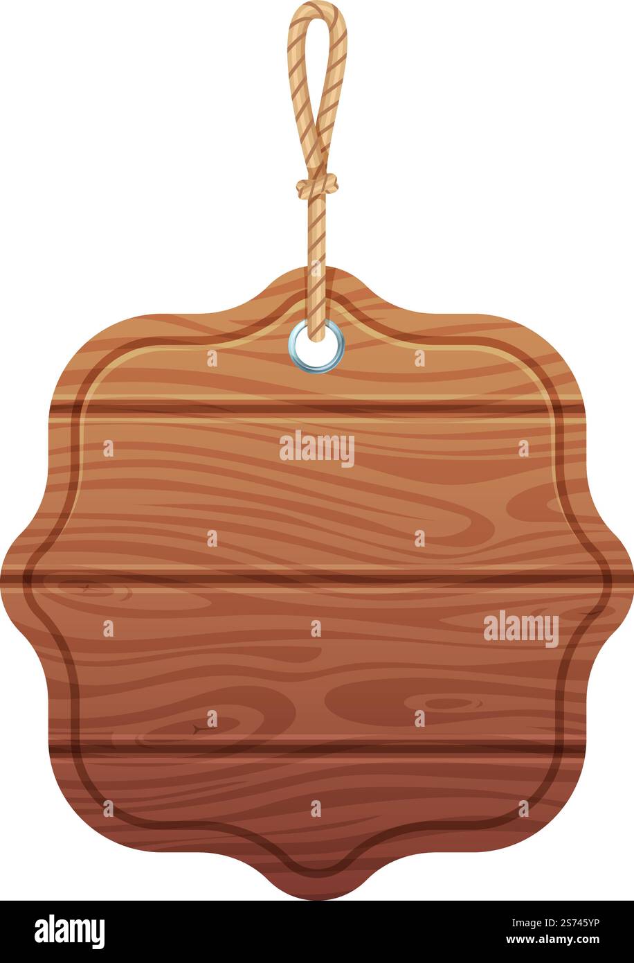 Wooden panel hanging on string. Blank banner template isolated on white ...