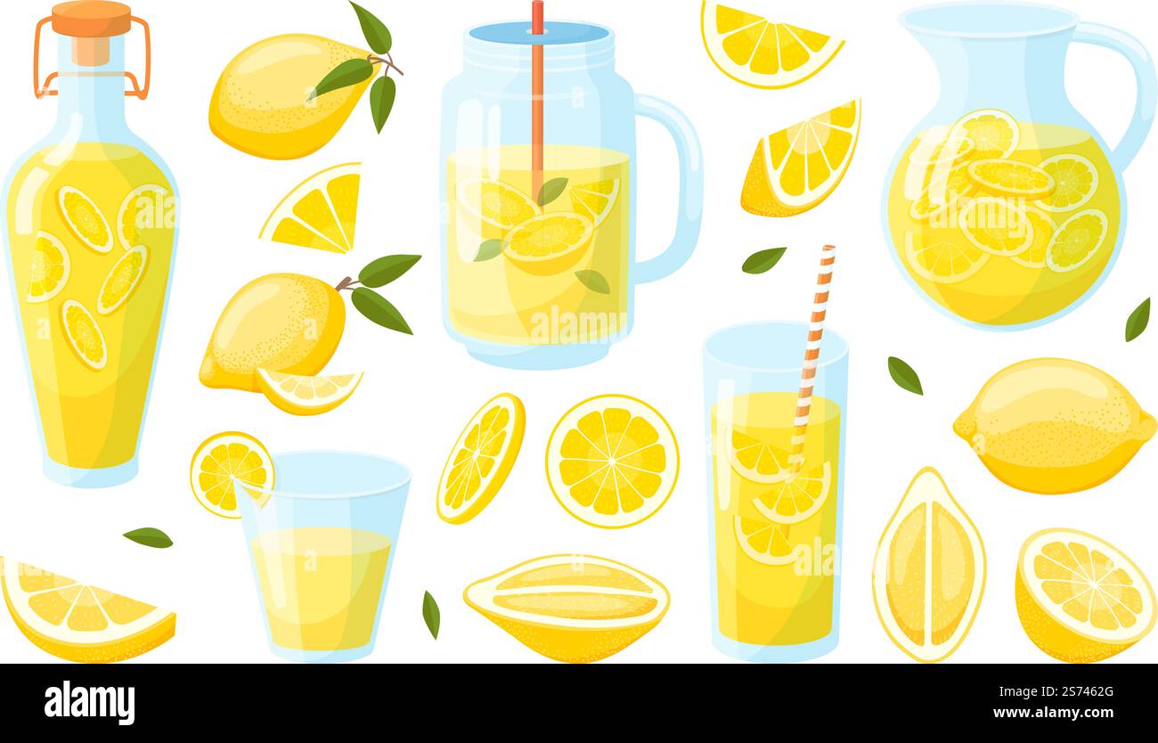 Cartoon lemonade. Lemon refreshing juice in glasses and jars. Refresh ...
