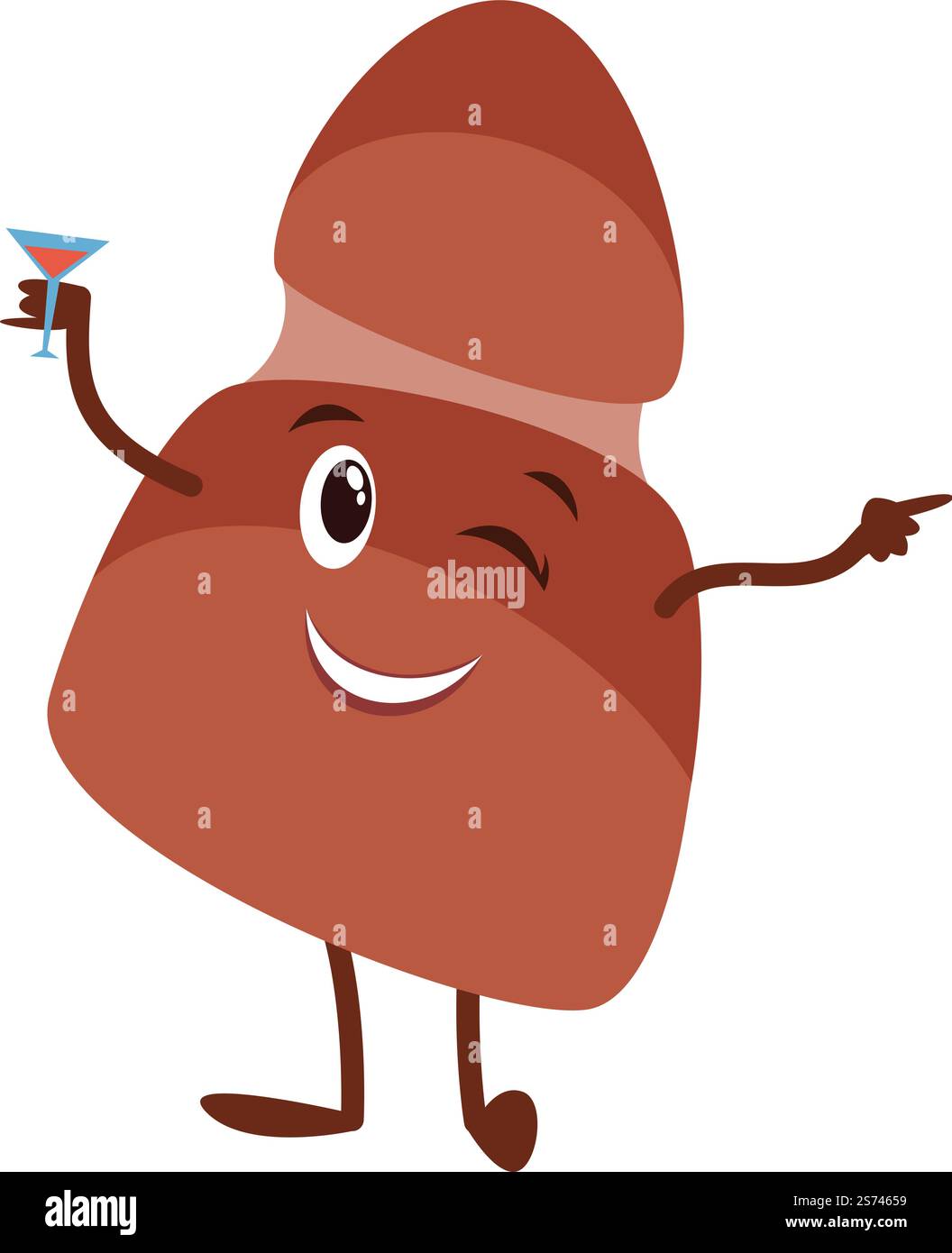Winking liver with wine glass. Alcohol digestion concept isolated on ...