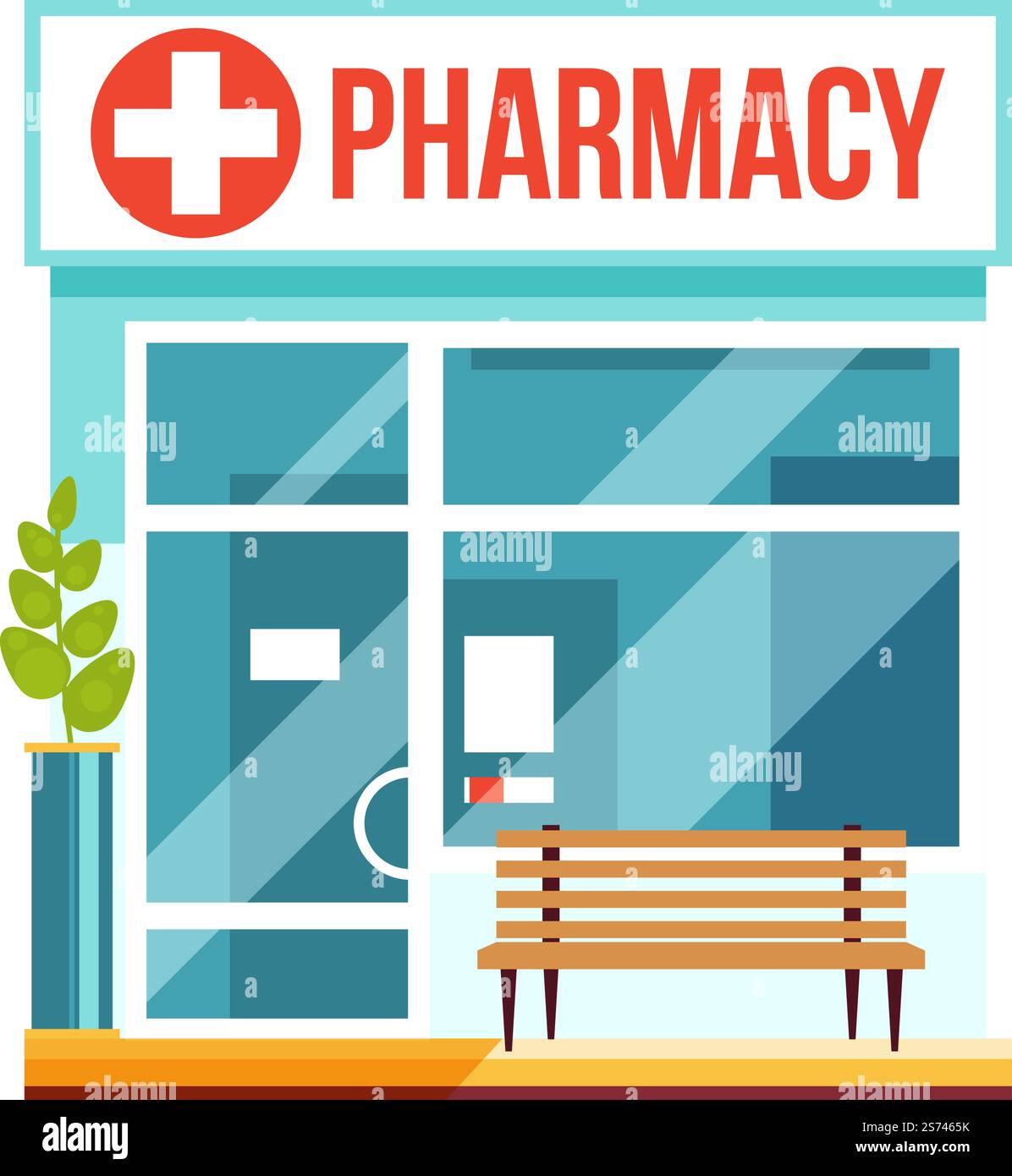 Pharmacy facade with glass door. City street store isolated on white ...