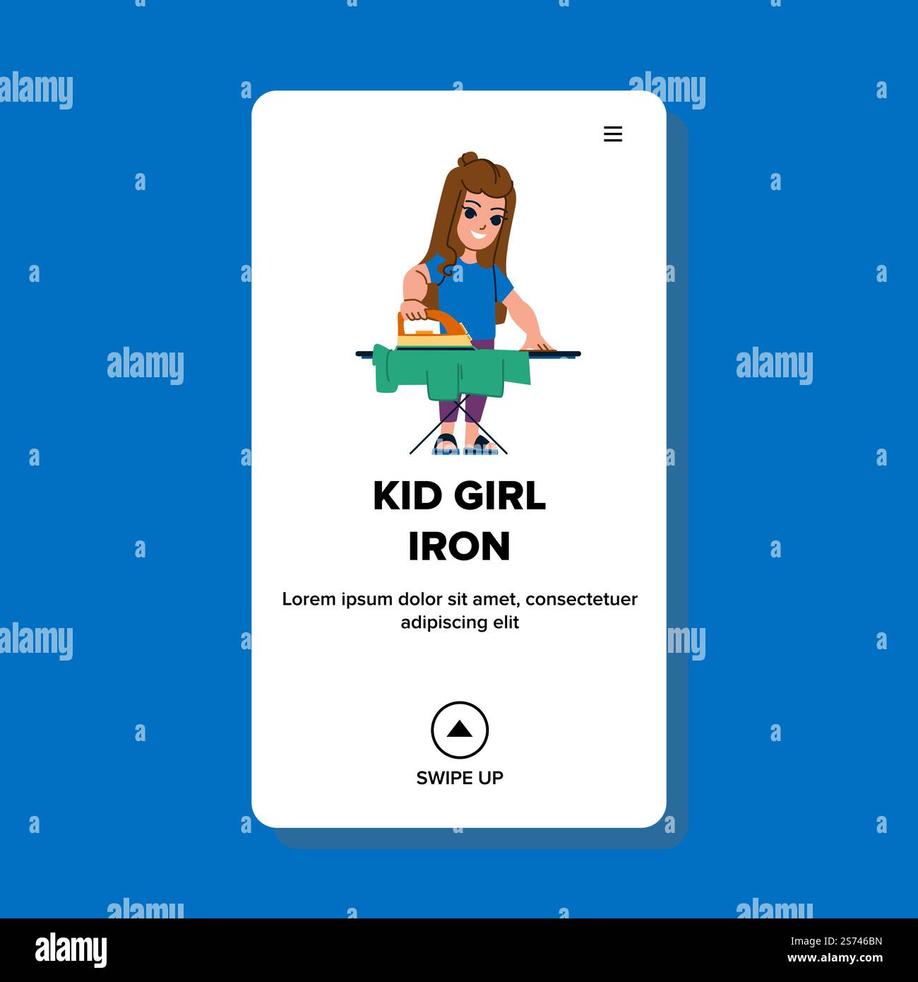 kid girl iron vector. child home, housework ironing, little young ...
