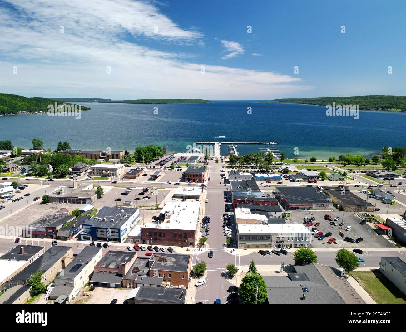 Aerial view of Munising, Michigan along the shore of Lake Superior in ...