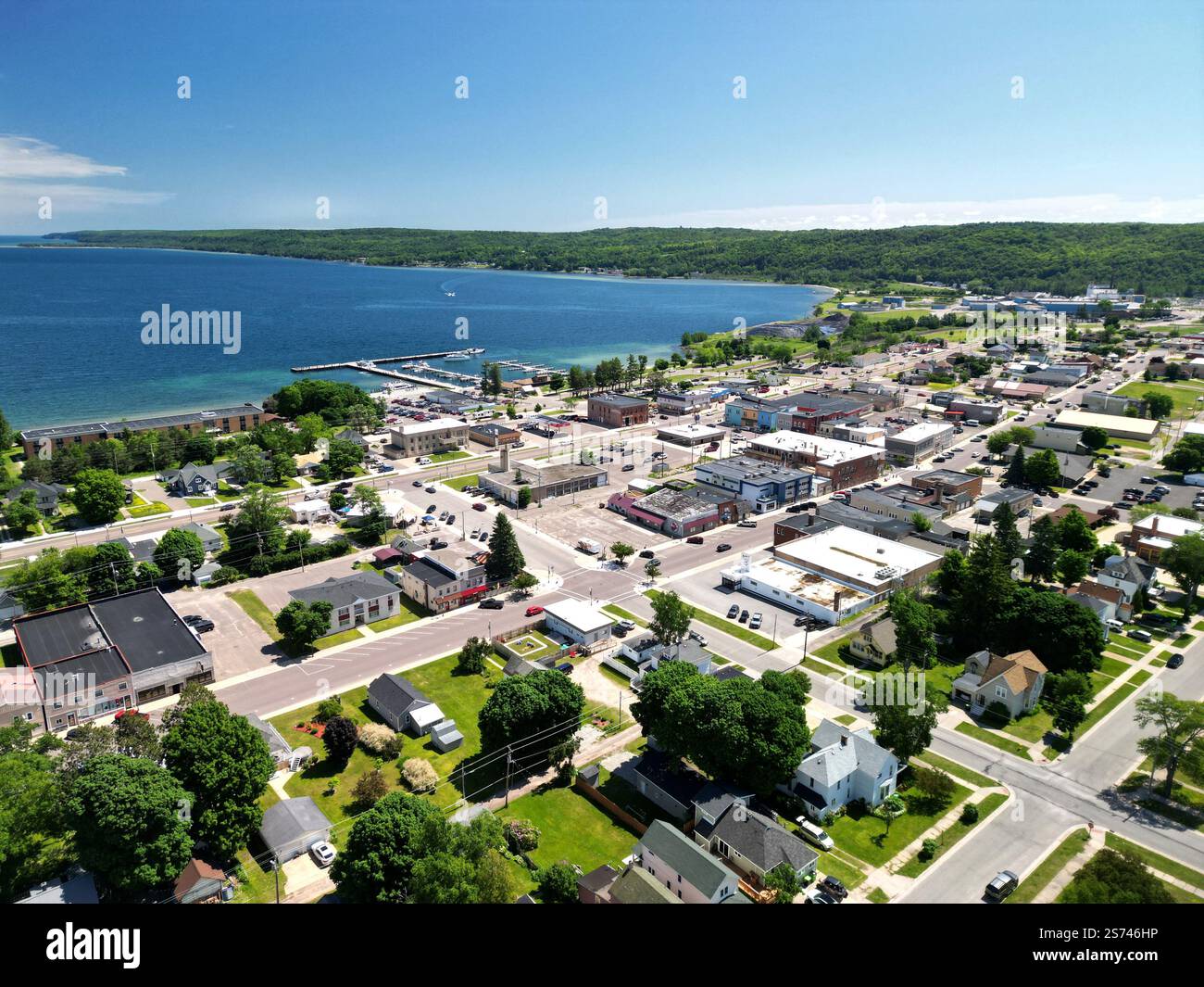 Aerial view of Munising, Michigan along the shore of Lake Superior in ...