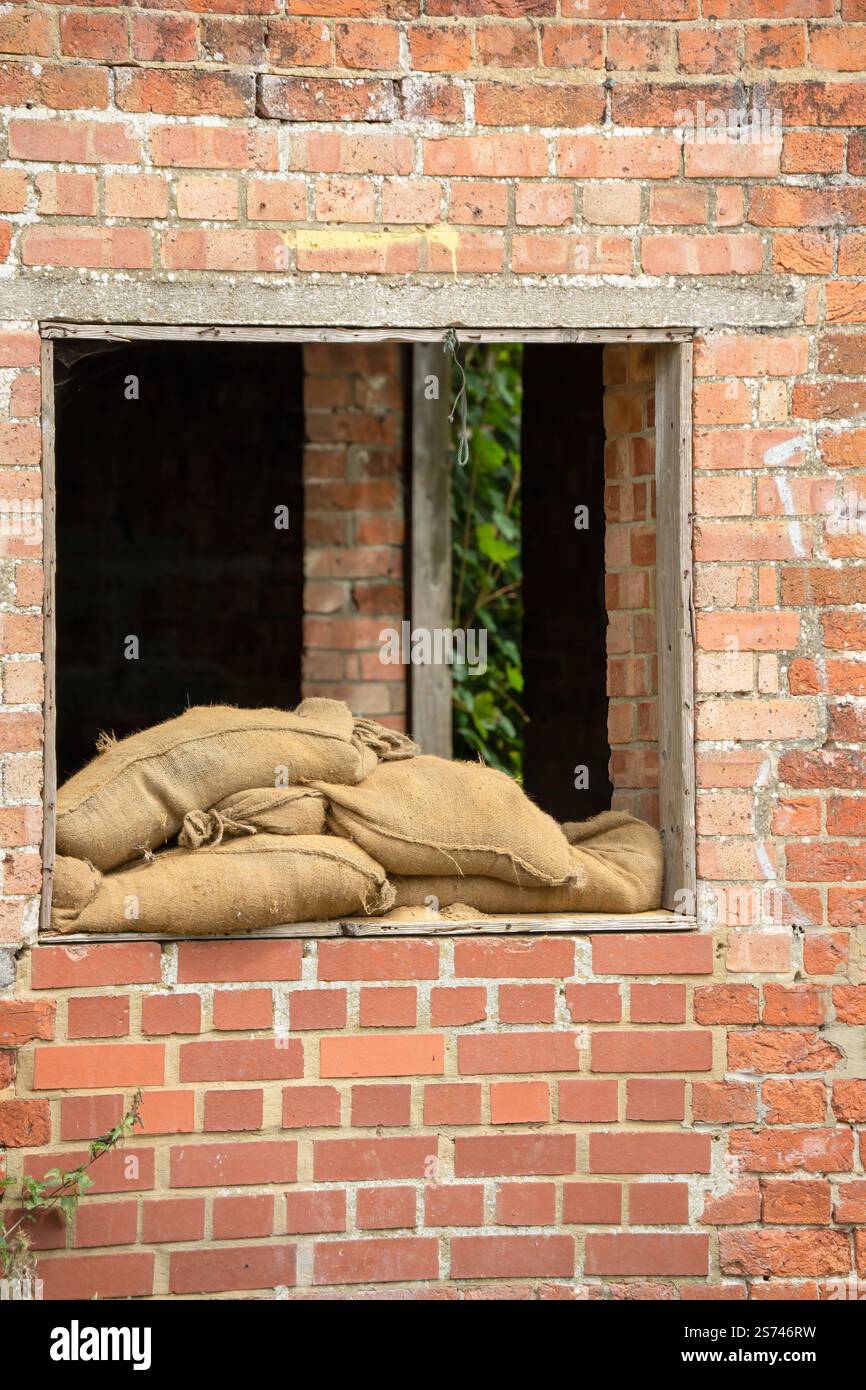 close-up of several sandbags in an empty window, British army mock ...