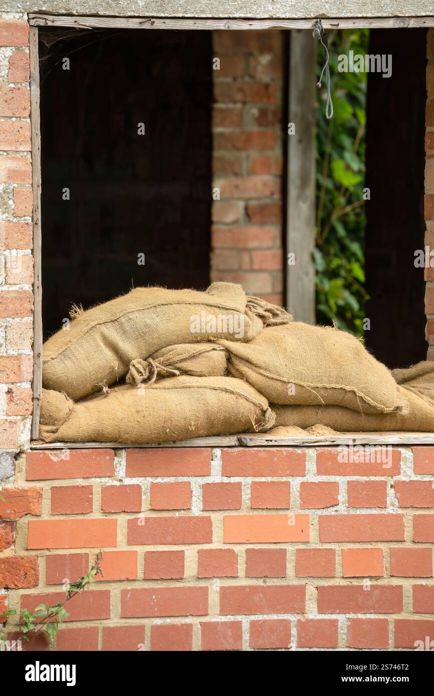 close-up of several sandbags in an empty window, British army mock ...