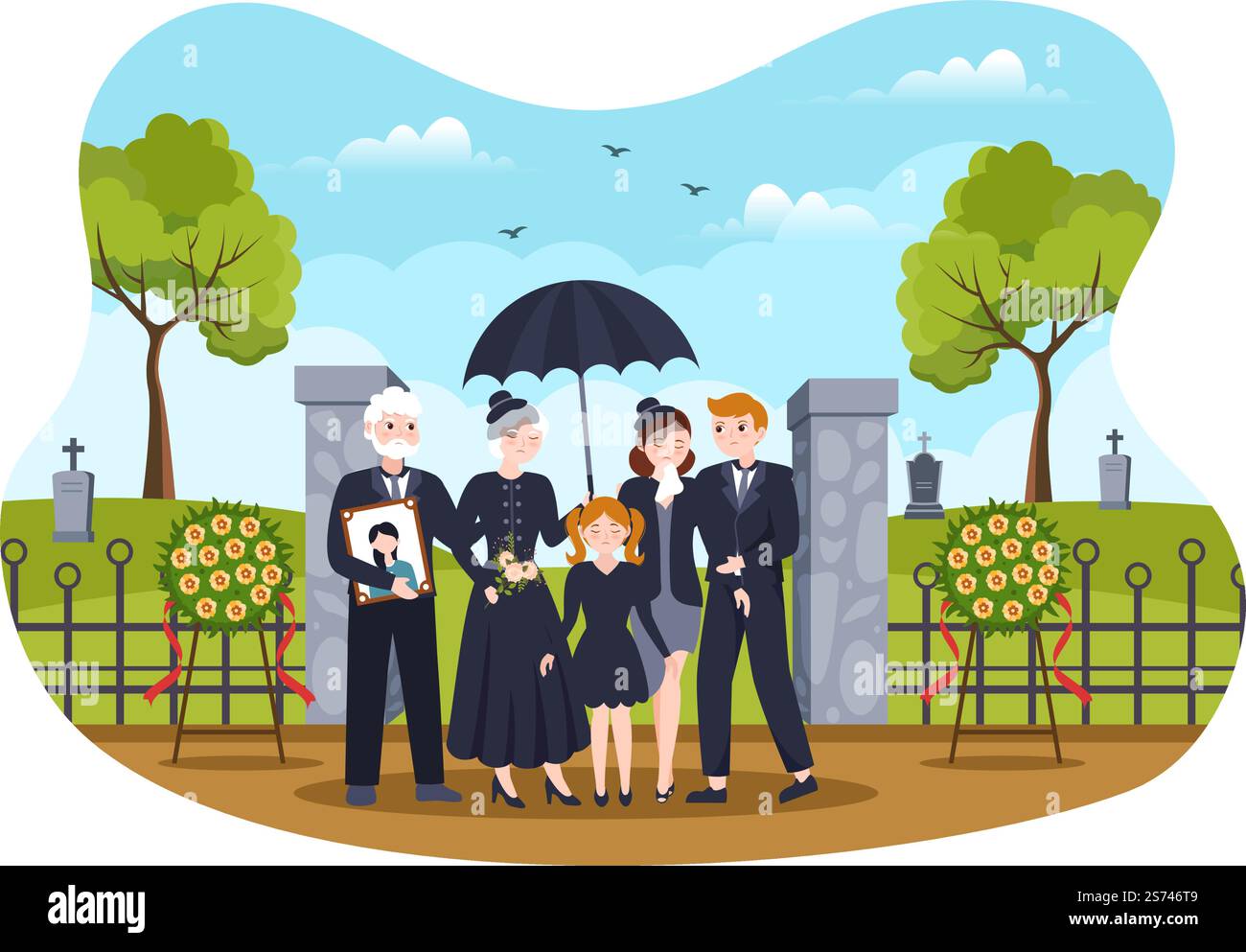 Funeral Ceremony in Grave of Sad People in Black Clothes Standing and ...