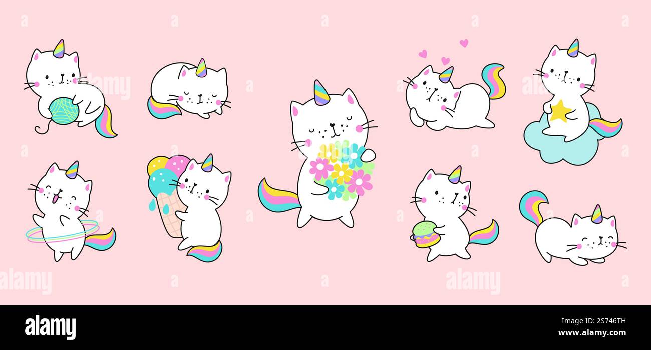 Cartoon kitty unicorn. Cats unicorns, animated cartoon funny characters ...