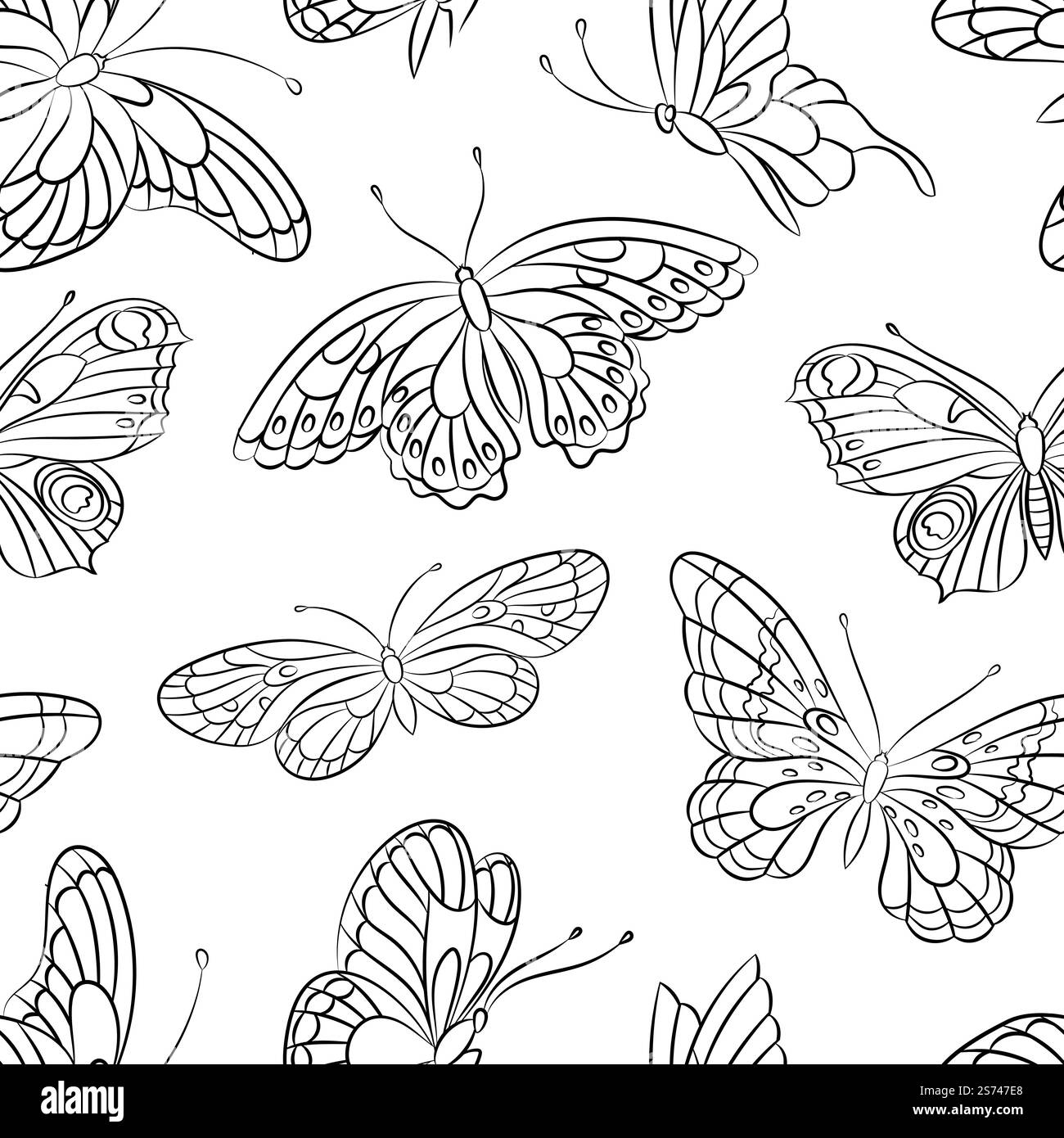 Butterfly seamless pattern. Decorative butterflies with lace wings. Black line flying insects ...