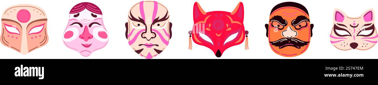 Doodle oriental style abstract masks. Angry mascot, cat and fox mask ...