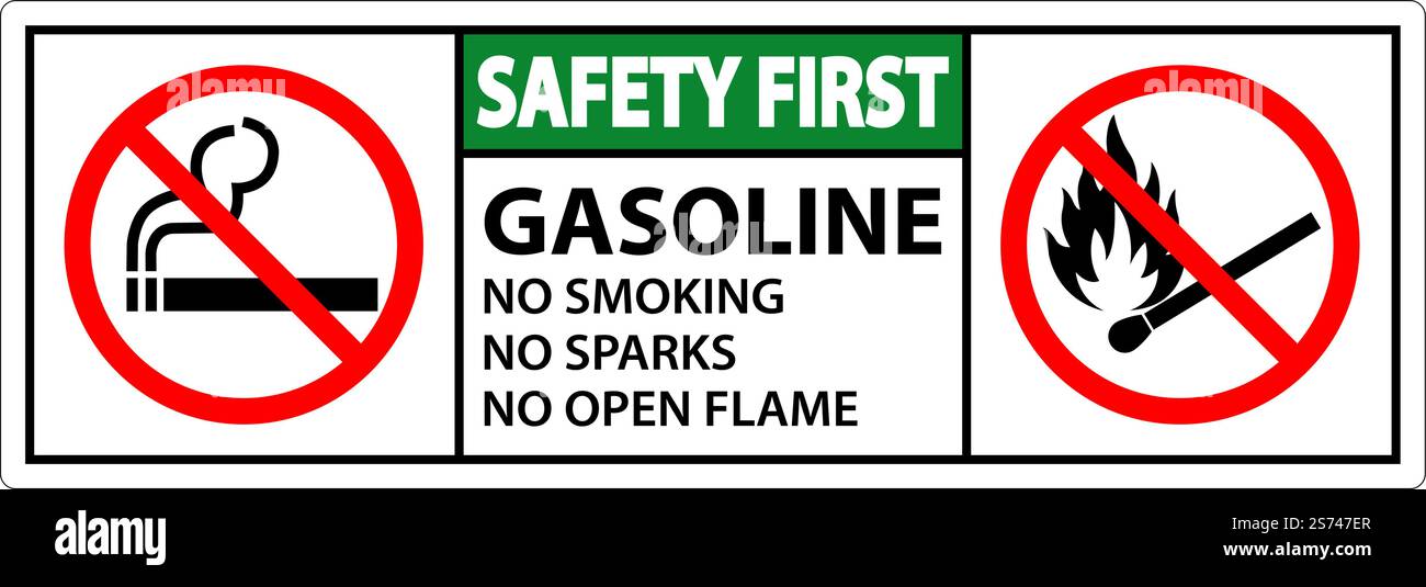 Safety First Gasoline No Smoking Sparks Or Open Flames Sign Stock ...
