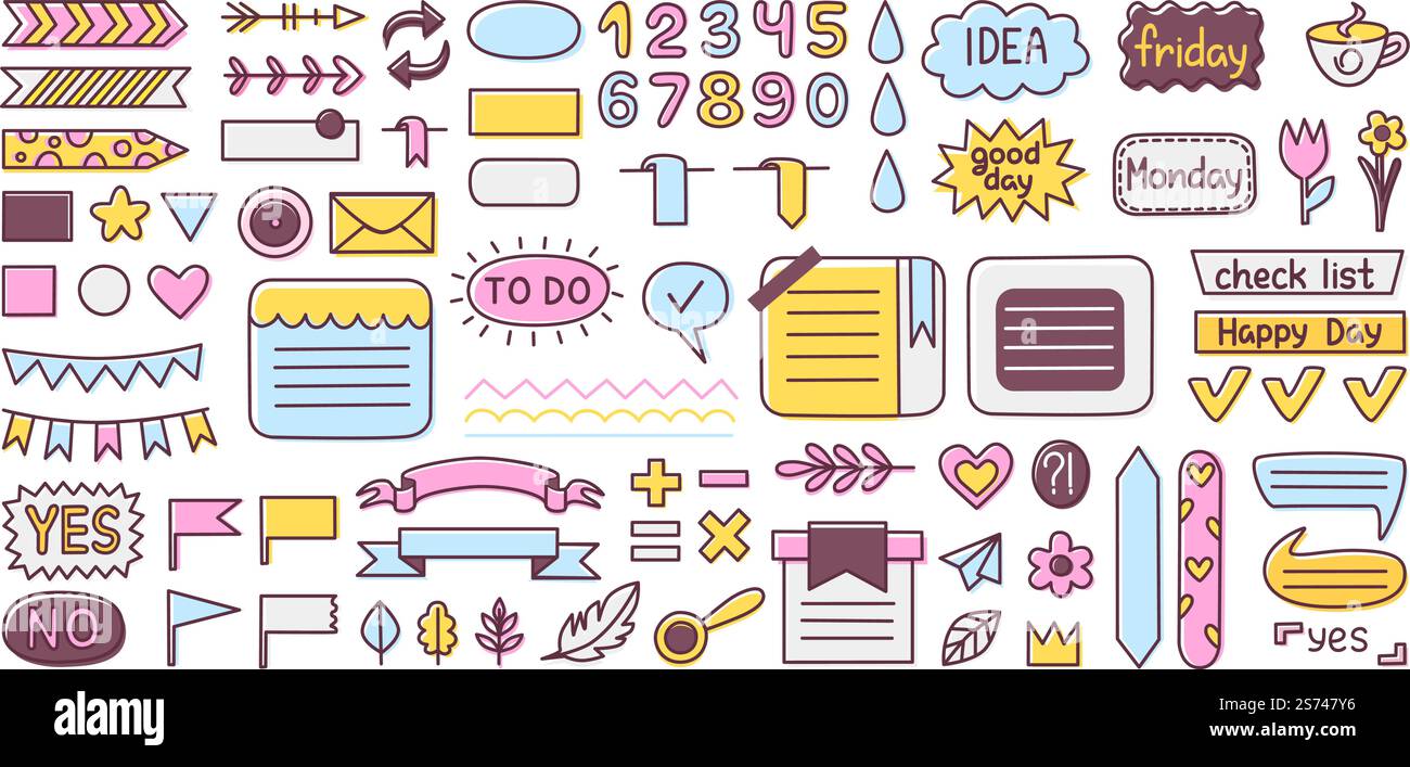 Bullet journal stickers. Calendar daily planner and diary doodle flat ...